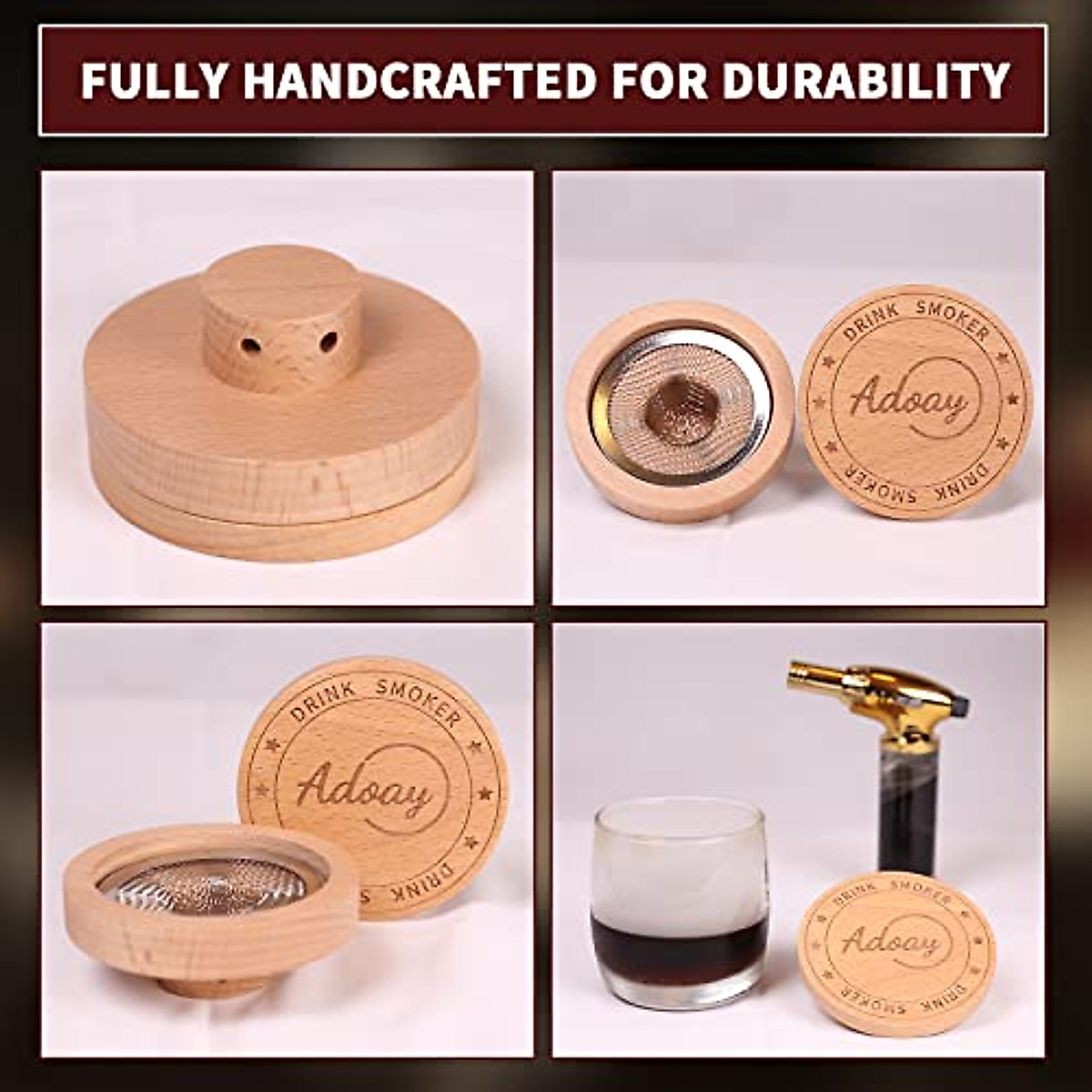 Adoay Cocktail Smoker Kit, Drink Smoker Gifts for Men w/4 Wood Chips/Torch/Whiskey Stones, Old Fashioned Smoker Kit Smoker Accessories for Whisky Smoker Bar Set Birthday Gifts