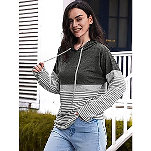 Butgood Women's Color Block Hoodies Fall Long Sleeve Sweatshirt Casual Drawstring Pullover Tops Striped Tunic Shirts Dark Grey
