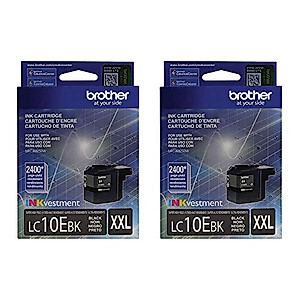 Brother Genuine Super High Yield Black Ink Cartridge 2-Pack, LC10EBK, Replacement Black Ink, Page Yield Up to 2,400 Pages Each, LC10E