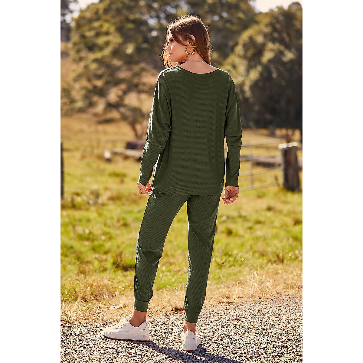 PRETTYGARDEN Women's Spring Fall Fashion Outfits 2 Piece Sweatsuit Long Sleeve Pullover Long Pants Ribbed Matching Lounge Set (Army Green,Large)
