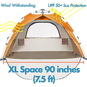 Arkali Beach Sun Shade Pop Up, Easy Pop Up Sun Shelter, Floor-Less Instant Beach Tent, UPF 50+, Orange, Size XL for Family 3 to 4 People