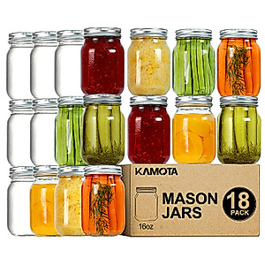 KAMOTA Mason Jars 16 oz With Regular Lids and Bands, Ideal for Jam, Honey, Wedding Favors, Shower Favors,DIY Spice Jars, 18 PACK, 20 Whiteboard Labels Included