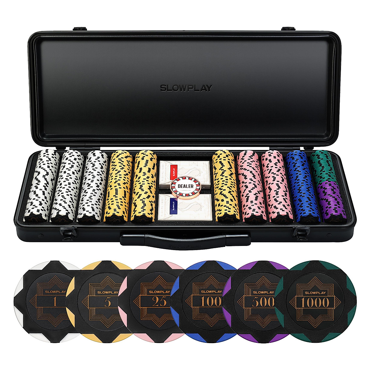 SLOWPLAY 14g Clay Poker Chips Set for Texas Hold'em, 500 PCS, with Numbered Values, Art Deco Style, and Carrying Case