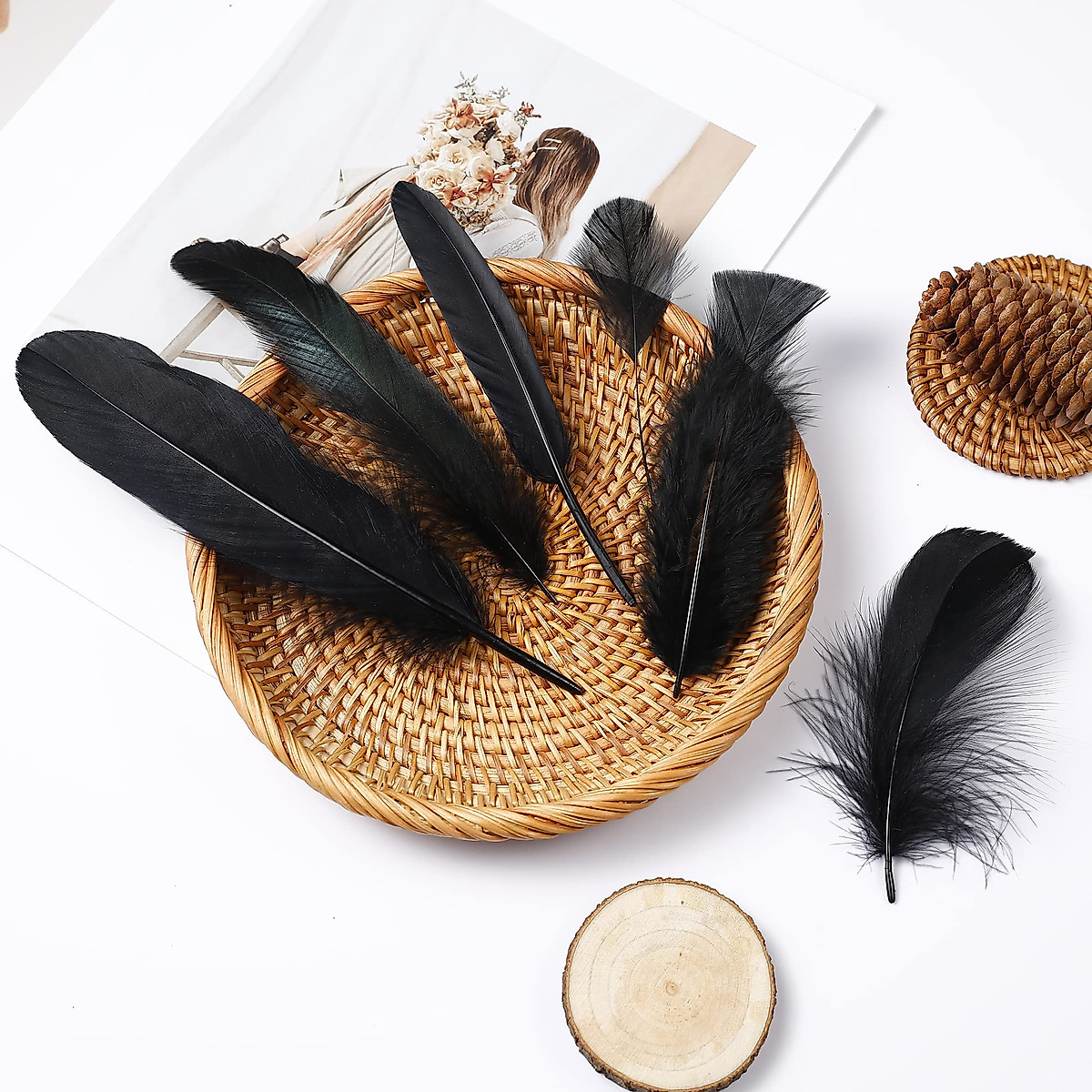 Larryhot Black Craft Feathers Bulk - 240pcs 6 Style Mixed Natural Feathers for Wedding Home Party, Dream Catcher Supplies and DIY Crafts (Black)