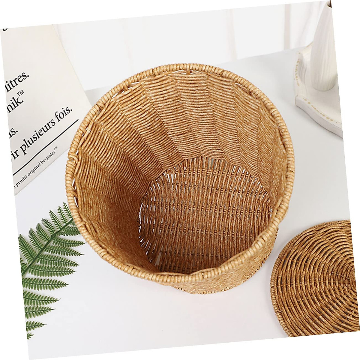 ORFOFE Storage Basket with Lid Organizer with Lid Storage Baskets with Lid Round Basket Rattan Waste Basket Bedroom Storage Basket Wicker Waste Basket Tabletop Basket Laundry Hamper Pp