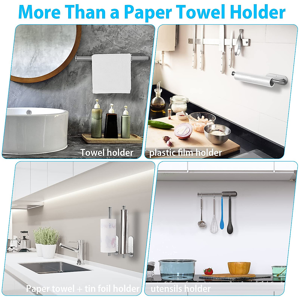 Paper Towel Holder Under Cabinet ,Kitchen Wall Mount Stainless Steel Paper Towel Holder, Self-Adhesive or Screw Mount, for Kitchen and Bathroom.Black 2pack