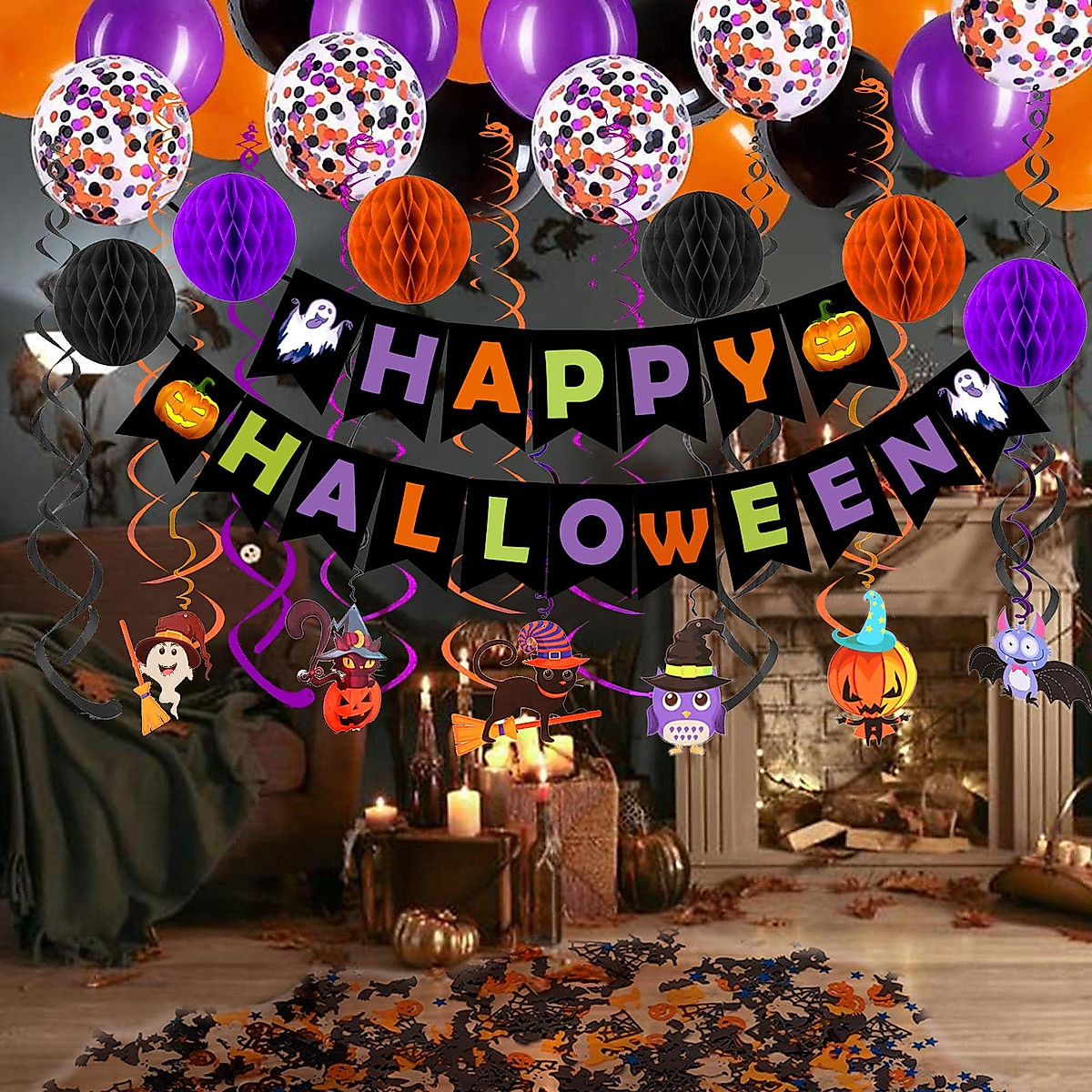 Happy Halloween Banner Paper Honeycomb Ball Swirl Streamers Circle Confetti Dots Balloons Pumpkin Ghouls Bat Cat for Halloween Party Decorations Indoor Outdoor Wall Door Decoration