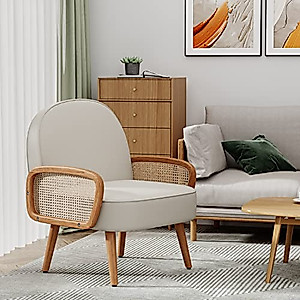 SHINEBOOM Accent Chairs Rattan Comfy Upholstered Modern Arm Chair for Living Room Reading Bedroom Balcony Faux Leather Chair, Beige