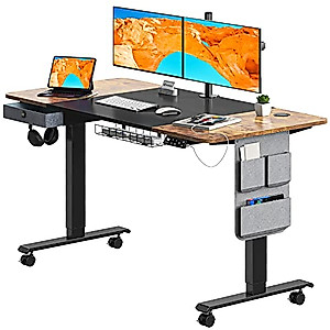 MAIDeSITe Standing Desk Adjustable Height, 55 Inch Stand Up Desk, Electric Sit Stand Desk with Caster Wheels, Drawer and Cable Management Tray for Home Office, Rustic Brown+Black Desktop