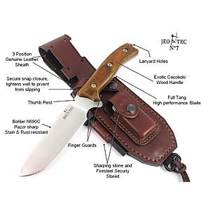 JEO-TEC Nº7 Bushcraft Survival Hunting Tactical Knife - BOHLER N690C Stainless Steel, Multi-positioned Leather Sheath, Sharpener Stone & Firesteel Included - Handmade