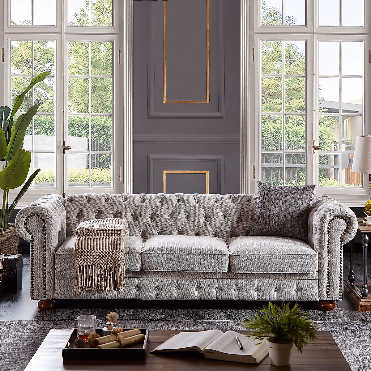 Chesterfield 3 Seater Button Tufted Sofa, Linen Fabric Upholstered Couch with Nailhead Arms Removable Cushions Rubber Wood Legs for Living Room Office Bedroom