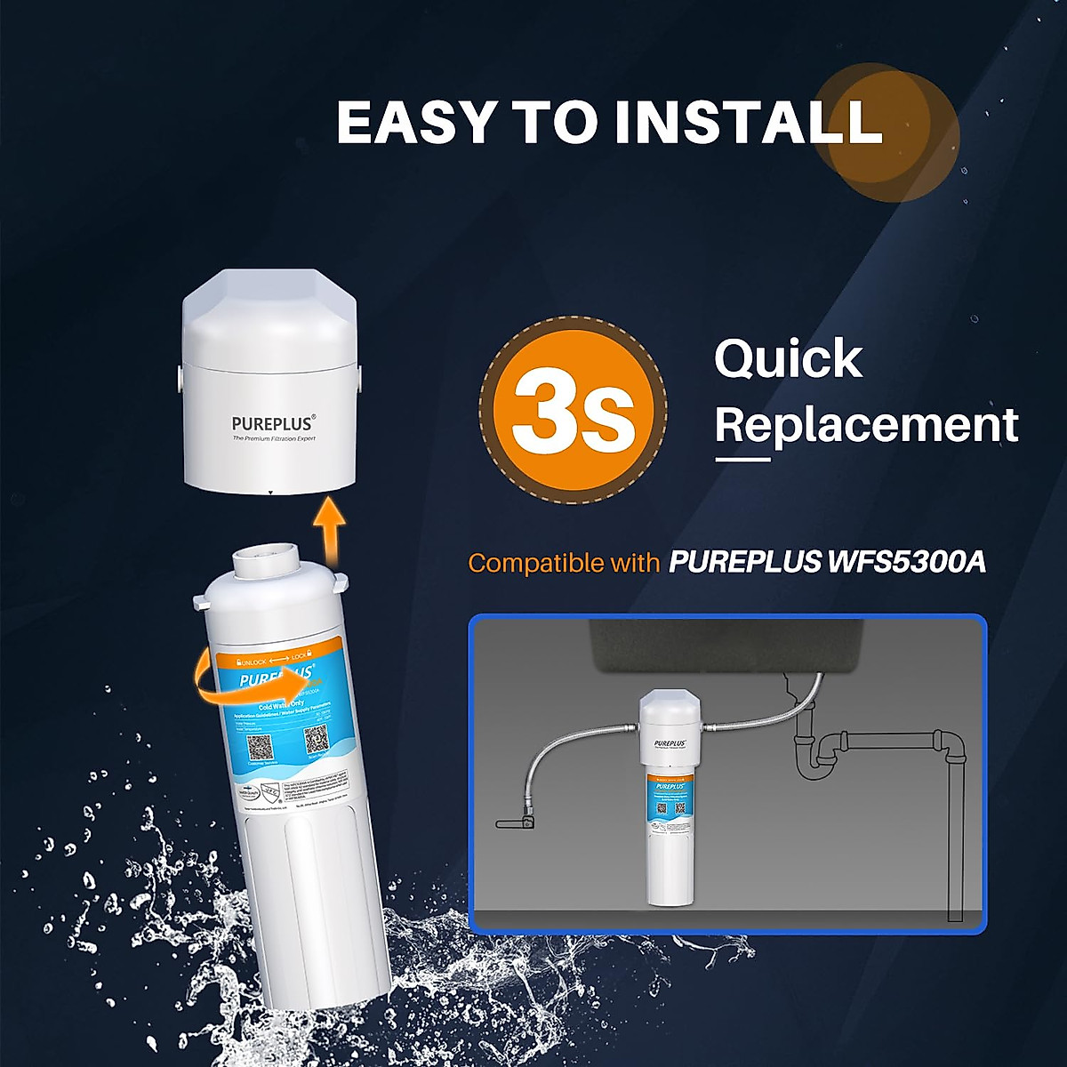 PUREPLUS WFC5300A Under Sink Water Filter, 22000 Gallons, 99.99% Chlorine Reduction, NSF/ANSI Certified, Replacement for WFS5300A Under Counter Water Filtration System