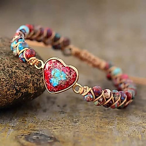 FLAVNT To My Daughter-In-Law, I Will Forever Love You Jasper Heart Bracelet, Adjustable Natural Jasper Braided Rope Bracelet, Daughter Bracelet from Mom, Gift for Daughter (Red)