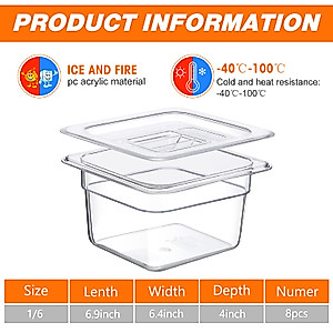 Sieral Clear 1/6 Size Food Pan Restaurant Containers with Lids Square Cambro Food Storage Polycarbonate Salad Bar Containers Commercial Hotel Pans for Kitchen Food Prep (8 Pcs, 4 Inch, 1.5 Quart)