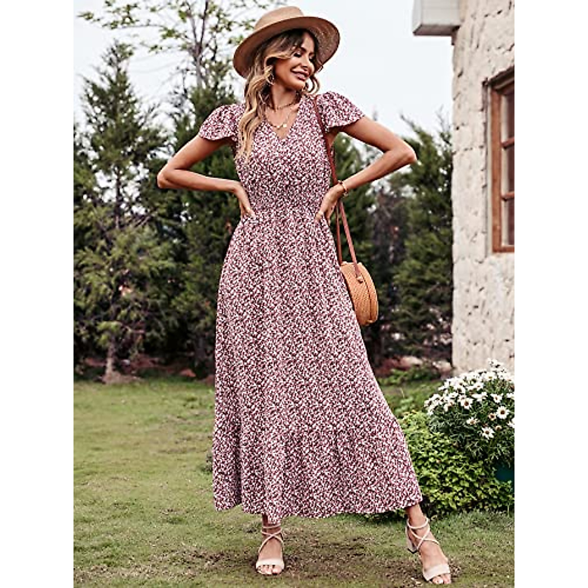 PRETTYGARDEN Womens Summer Dresses 2023 Casual Flowy Swiss Dot Long Maxi Dress for Wedding Guest Graduation (Coffee Pink, Small)