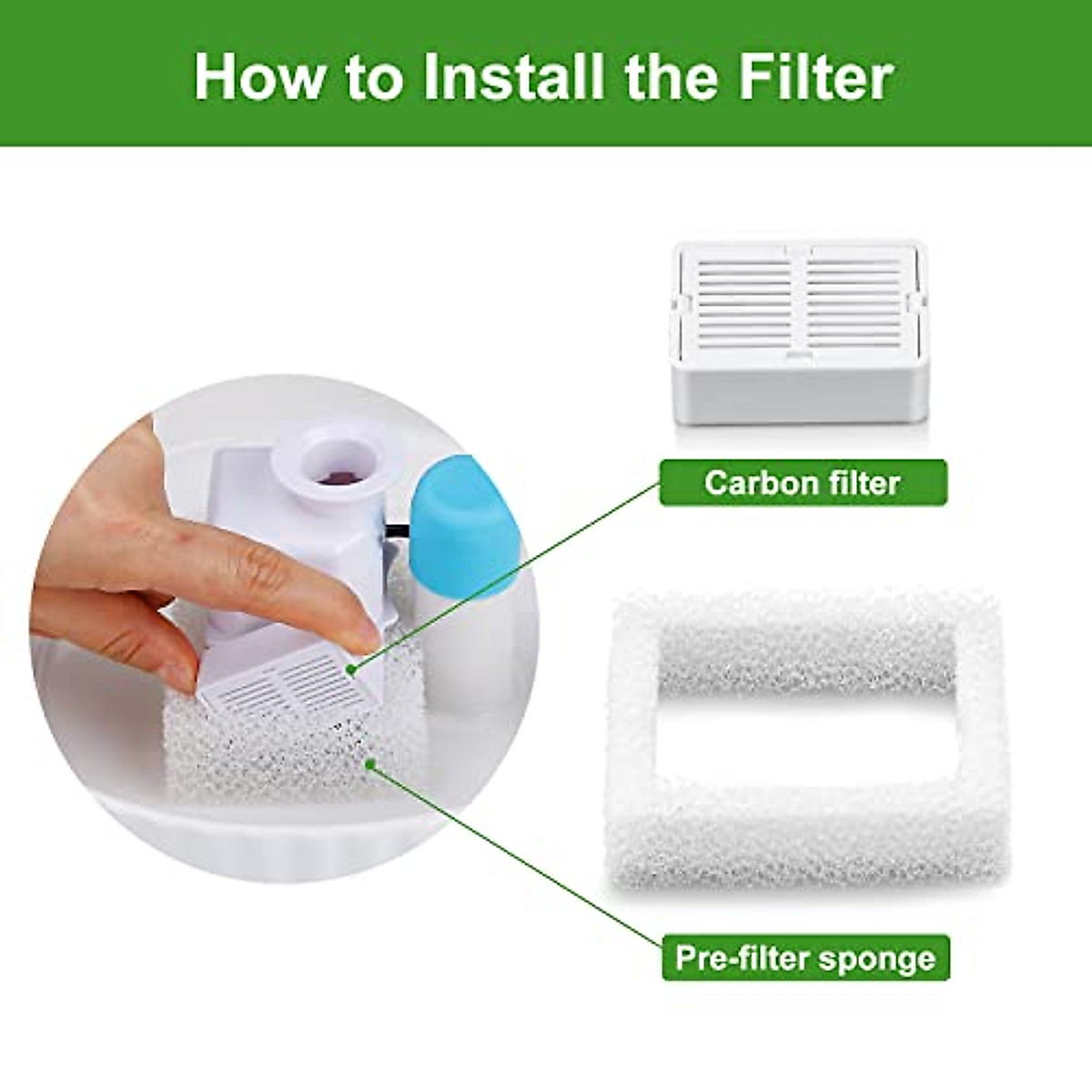 VinDox Pet Fountain Replacement Filters, 8 Cat Fountain Carbon Filters and 2 Foam Pre-Filters for Cupcake Ceramic Pet Fountain Pet Drinking Fountain Porcelain (8 Packs)