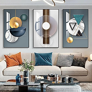 ARTKN 3 Pieces Framed Abstract Geometric Wall Art, Art Shapes Patterns Paintings, Modern Wall Decor Artwork, Large Wall Art for Living Room Bedroom Office(Blue, 16" X 24" X 3 pieces)