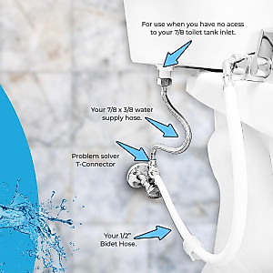 GenieBidet 3/8 X 3/8 X 1/2 Inch T-Connector for Bidet | Connect to 3/8 Water Supply at the wall Instead of 7/8 Toilet Tank Inlet | This Bidet T Connector uses 1/2 Water Supply to the Bidet