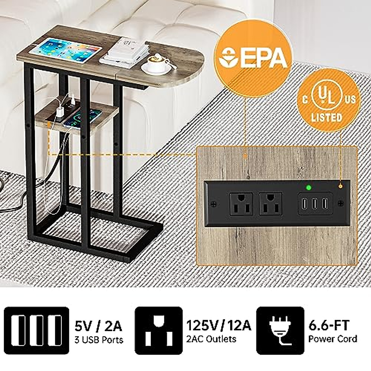 eiskah C Shaped End Table with Charging Station, Side Table for Living Room & Bedroom, Slide Under Couch Laptop Table with USB Ports and Outlets, Snack Tray Table for Couch & Bed