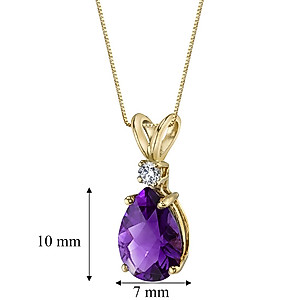 PEORA Solid 14K Yellow Gold Amethyst with Diamond Pendant for Women, Genuine Gemstone Teardrop Solitaire, 1.60 Carats total, Pear Shape, 10x7mm