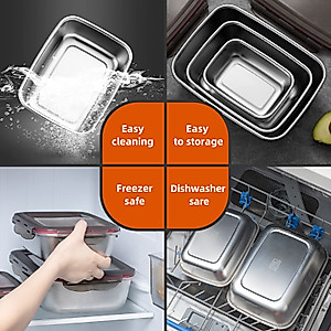 XingXiuSis Stainless Steel Food Storage Container with Lids Set of 3 Leak-proof Metal Food Containers Meal Prep Containers Lunch Box for Dishwasher/Freezer/Oven Safe, 600ml/ 1500ml/ 2900ml Stackable