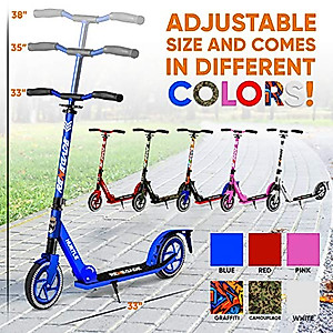 Hurtle Lightweight and Foldable Kick Scooter - Adjustable Scooter for Teens and Adult, Alloy Deck with High Impact Wheels (Blue)