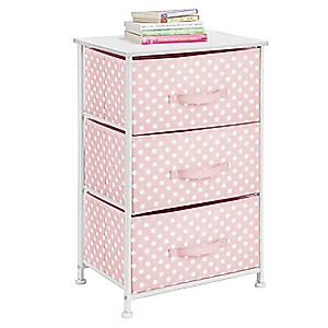 mDesign Storage Dresser End/Side Table Night Stand Tower Unit with 3 Removable Fabric Drawers - Organizer for Baby, Kid, and Teen Bedroom, Nursery, Playroom, or Dorm, Pink/White Polka Dot