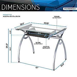 Techni Mobili Modern Work Desk-43.25” Wide Tray-Perfect Clear Contempo Glass Top Computer Desk with Pull Out Keyboard Panel, 43.25" W
