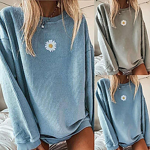 PGOJUNI Crewneck Sweatshirts for Teen Girls, Womens Sweatshirt Loose Waffle Daisy Graphic Casual Long Sleeve Basic Blouse Pullover