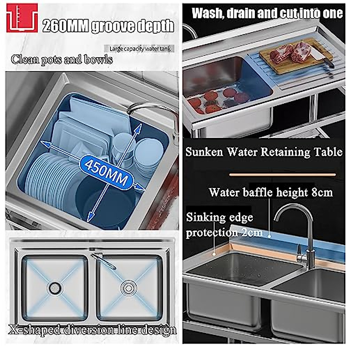 Utility Sink, Freestanding Stainless Steel Sink, Small Stainless Steel Sink, Portable Sink, Outdoor Sink Station With Hose Hook Up, For Restaurant, Cafe, Bar, Hotel, Garage (Color : Hot and cold)