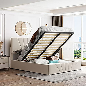 KELRIA Queen Size Upholstered Platform Bed with a Hydraulic Storage System, for Bedroom, Guest Room, Children Room, Wooden Construction, Easy to Assemble, Beige
