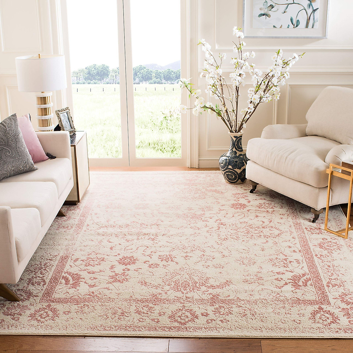 SAFAVIEH Adirondack Collection Area Rug - 8' Square, Ivory & Rose, Oriental Distressed Design, Non-Shedding & Easy Care, Ideal for High Traffic Areas in Living Room, Bedroom (ADR109H)