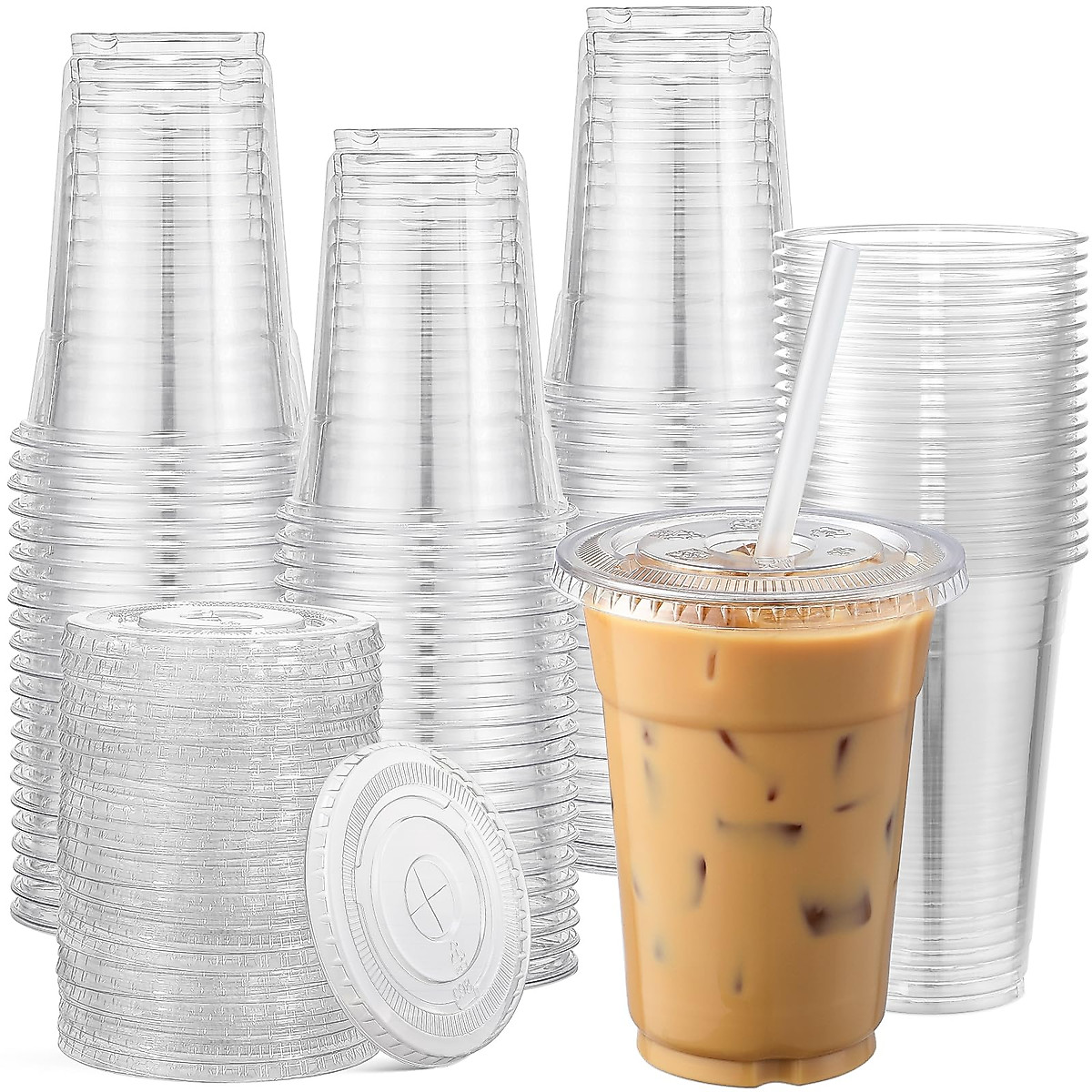 AOZITA 120 Sets - 20 oz Clear Plastic Cups with Lids, Disposable Cups With Straw Slot Lids for Cold Drinks, Milkshake, Smoothie, Iced Coffee and TO-GO Drinkings