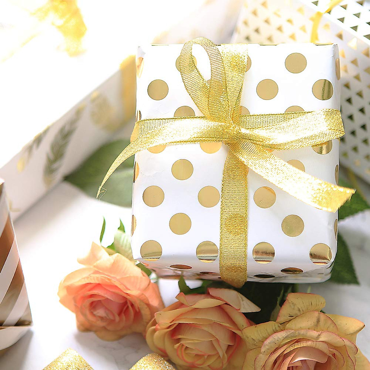 Gift Wrapping Supplies,8 Sheets White Gold Gift Wrapping Paper with 10 Pull Bows 24 Yard Glitter Ribbon and 12 Thank You Lable Sticker for Birthday Gift Wrap Christmas Gift Packing DIY Paper Craft