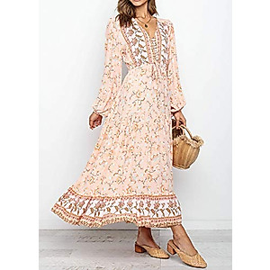 R.Vivimos Women's Long Sleeve Cotton V-Neck Button Up Floral Print Boho Flowy Midi Dresses (Medium, Peach)