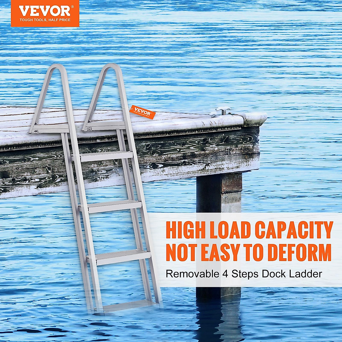 VEVOR Removable Dock Ladder 4 Step, Pontoon Boat Ladder with Mounting Hardware,Aluminum Swim Ladder with Nonslip Design, Each Step 16" x 4", 350Lbs Load, for Lake, Marine Boarding, Pool