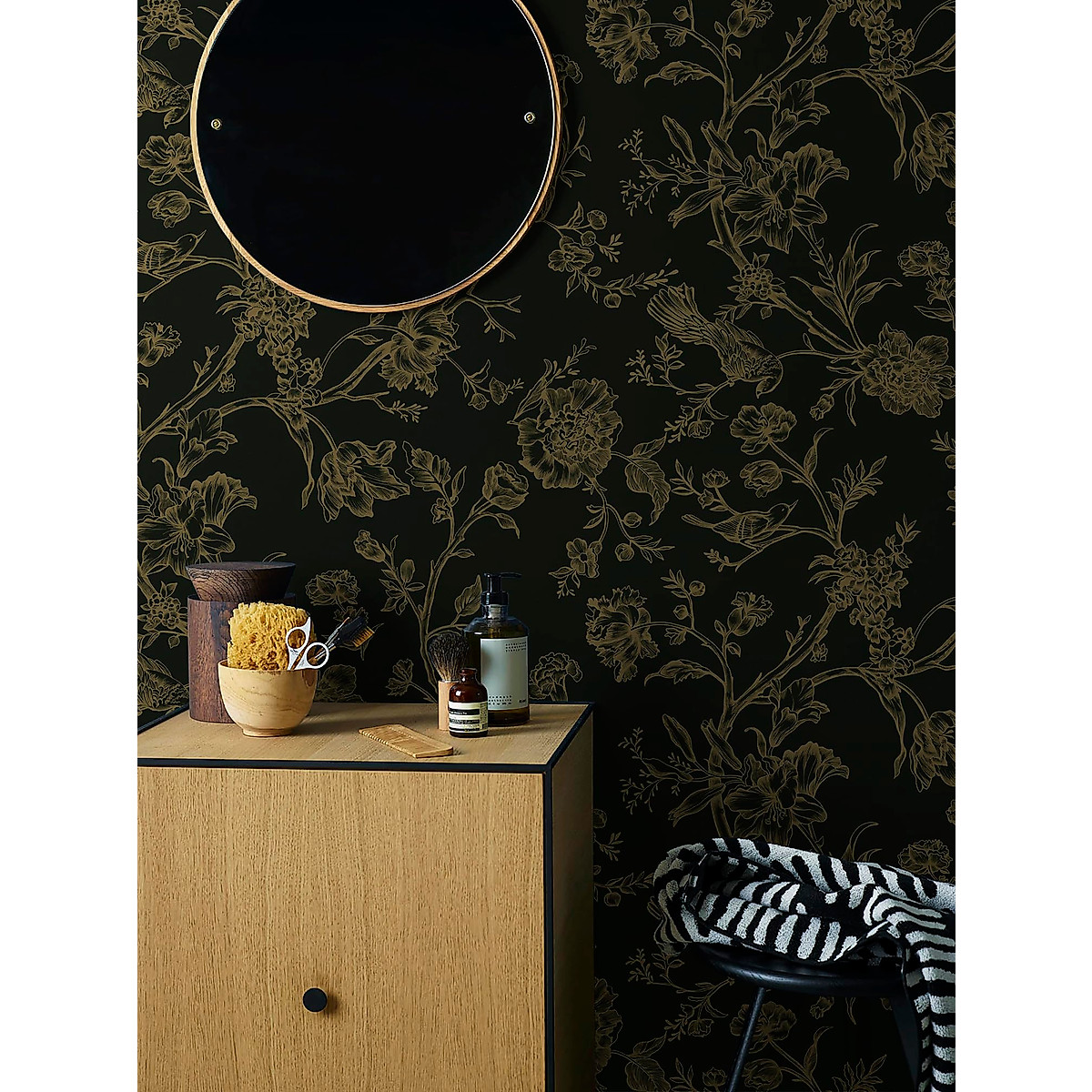 Safiyya Peel and Stick Wallpaper Gold and Black Contact Paper Floral Birds Wallpaper Peel and Stick Removable Wallpapr Boho Wallpaper Flower Contact Paper for Cabinets Vinyl Rolls 118"x17.3"