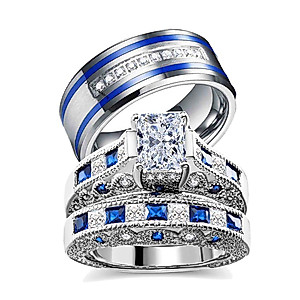 wedding ring set Two Rings His Hers Couples Matching Rings Women's 2pc White Gold Filled CZ Wedding Engagement Ring Bridal Sets Men's Stainless Steel Wedding Band