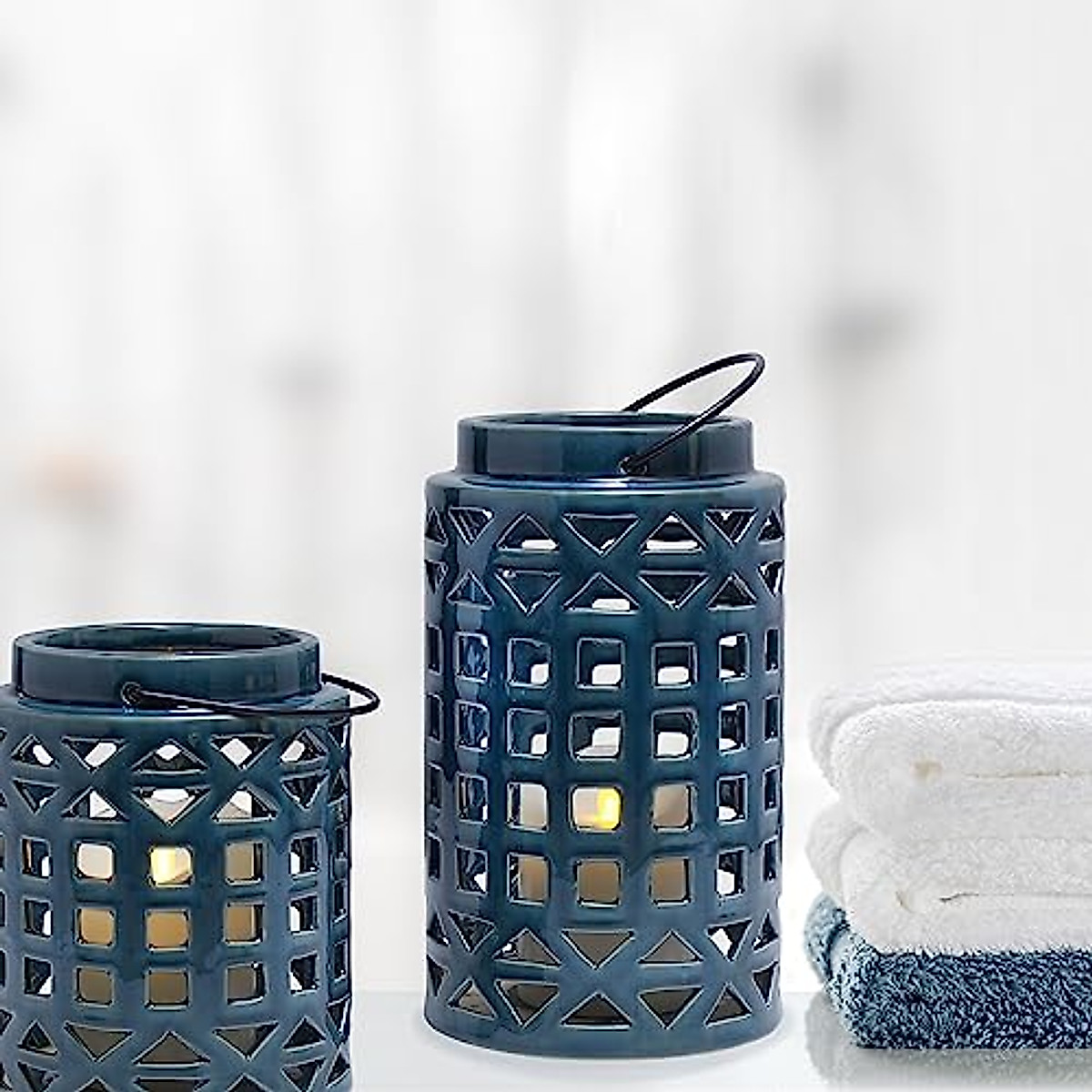 Elements Decorative Ceramic Cut Out Lanterns, Blue, Set of 2, 7 and 10 Inch