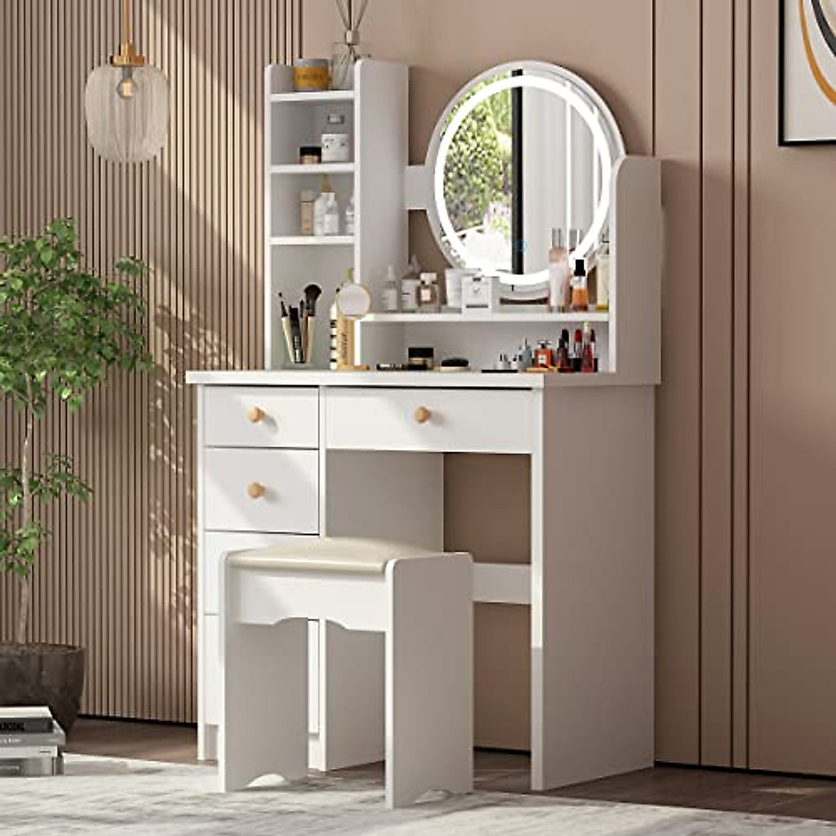 AGOTENI Makeup Vanity Set Dresser Desk with 5 Drawer and Shelf Round Mirror with Touch Screen and Light Vanity Set with Cushioned Stool for Bedroom, White