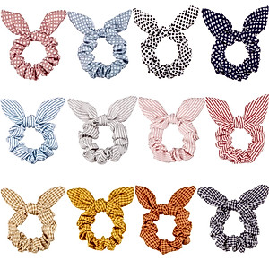 Yaomiao 12 Pieces Bow Hair Scrunchies Bunny Ear Scrunchies for Bow Silk Bowknot Bobbles Elastic Hair Ties Ropes for Women(Wave Point)
