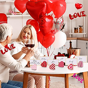 Qunclay 18 Pcs Valentine's Day Wooden Heart Place Card Holder Mini Heart Decor with 30 Pcs Gold Foil White Place Card Table Photo Number Sign Stand Holder for Place Setting Decoration(Bright Style)