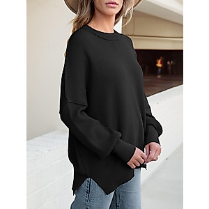 ANRABESS Women Crewneck Batwing Long Sleeve 2024 Fall Oversized Side Slit Ribbed Knit Pullover Sweaters Top Cozy Outfits Black Large