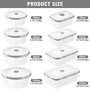 Dandat 12 Silicone Collapsible Food Storage Containers Foldable Silicone Lunch Container 6 Rectangle and 6 Round Airtight Collapsible Bowl with Lid Set for Kitchen Microwave (Translucence Gray)