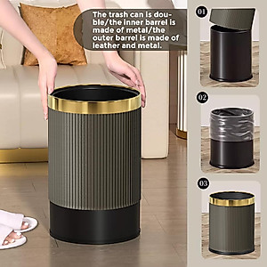 10L/2.6GAL Bathroom trash can without lid,Metal Waste Bin with Leather Cover,Open Top Office Wastebasket, Round Garbage Can for Bathrooms, Powder Rooms, Kitchens, Home, Office and and High-End Hotel