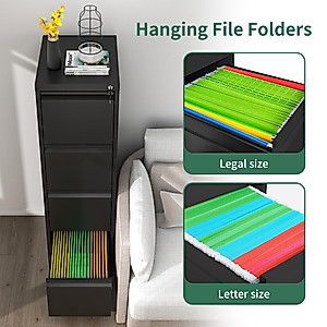 VIYET 4 Drawer File Cabinet, Metal Vertical File Cabinets with Lock for Home Office, Heavy Duty Office Steel Filing Cabinet for Hanging Files for A4/ Legal/Letter,Assembly Required (Black)