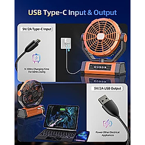 Portable Rechargeable Fan - 20000mAh 9-Inch Camping Fan with Light & Hook for Tent, Outdoor - Battery Powered Fan(60Hrs) - USB Fan for Picnic, BBQ, Fishing, Travel, Jobsite