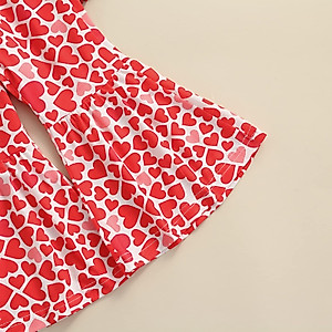 3Pcs Kids Toddler Baby Girl Valentine 's Day Outfits Red Long Sleeve Ruffle Shirt Heart Print Bell Bottom Pant Headband (Red, 90)