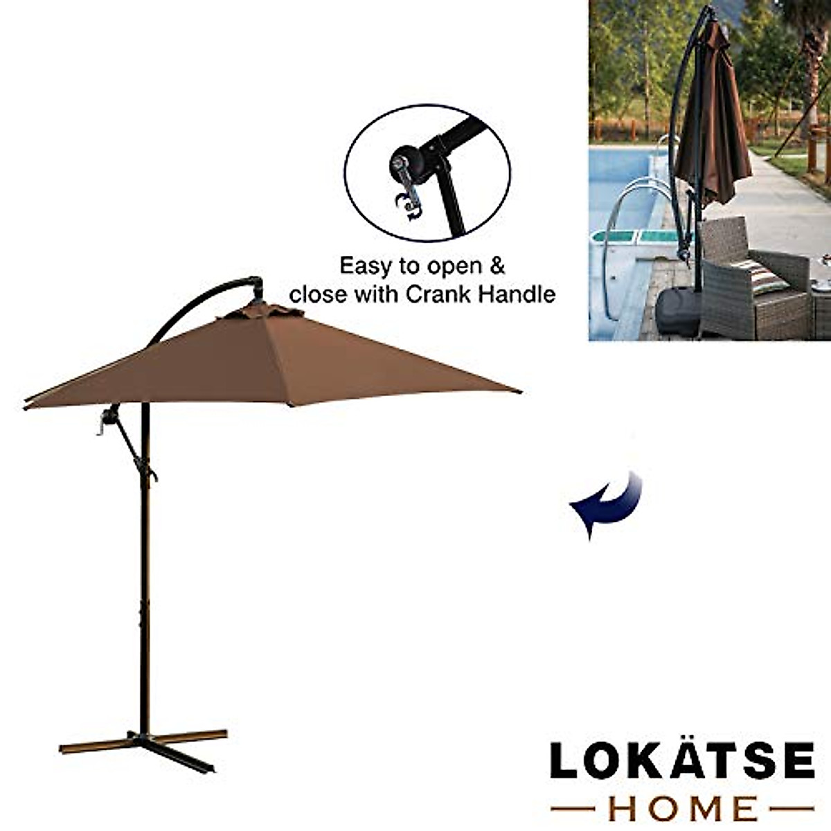LOKATSE HOME 10 Ft Offset Patio Outdoor Umbrella Cantilever Hanging Market Umbrella Garden Umbrella with Crank & Cross Base (Brown)