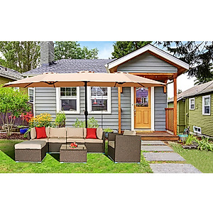 Bigroof 15ft x 9ft Patio Double-Sided Umbrella with Base & Crank, Extra Large Rectangular Outdoor Umbrella for Patio, Lawn & Garden, Beige